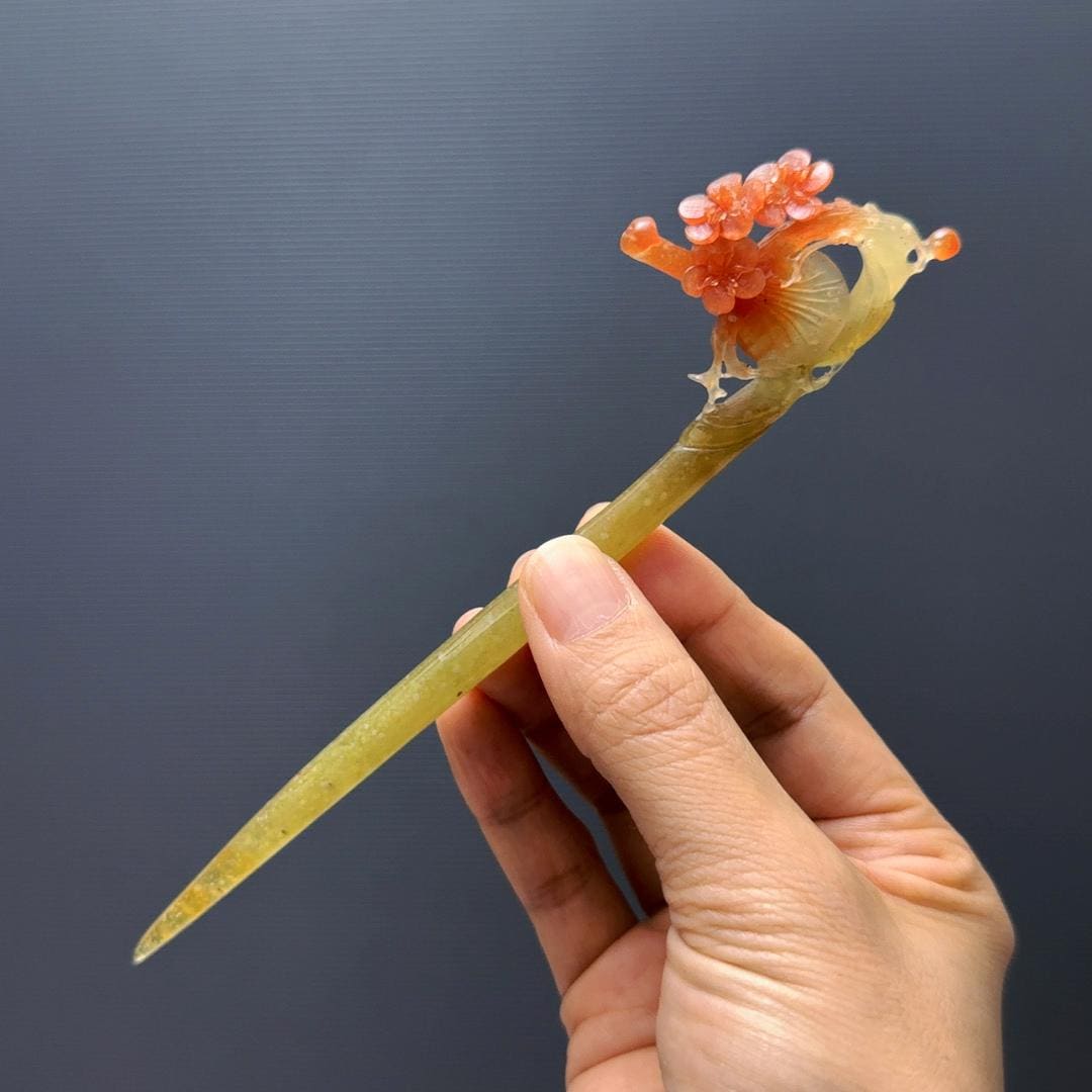 Carved Jade Hair Pin: Plum Blossom Pipa, Dunhuang Inspired Chinese Hair ...