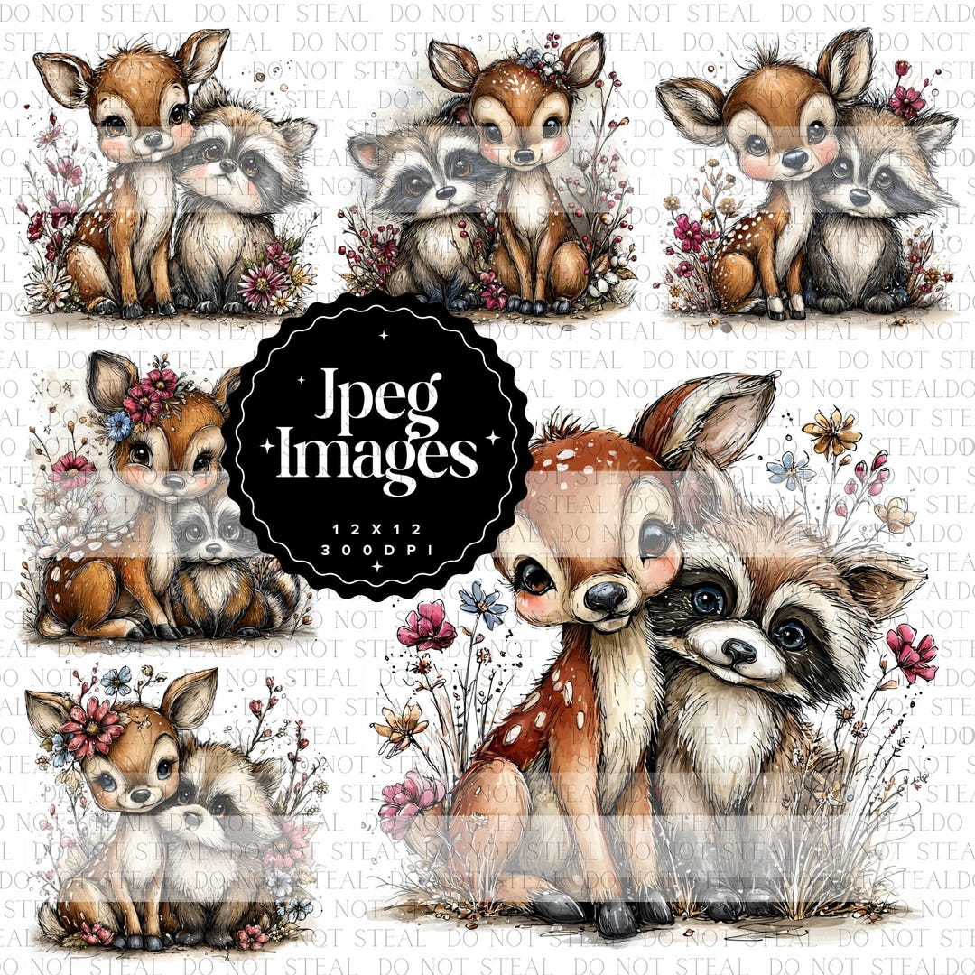 Woodland Animal Clipart Set, Baby Deer and Raccoon JPEG, Cute Forest ...