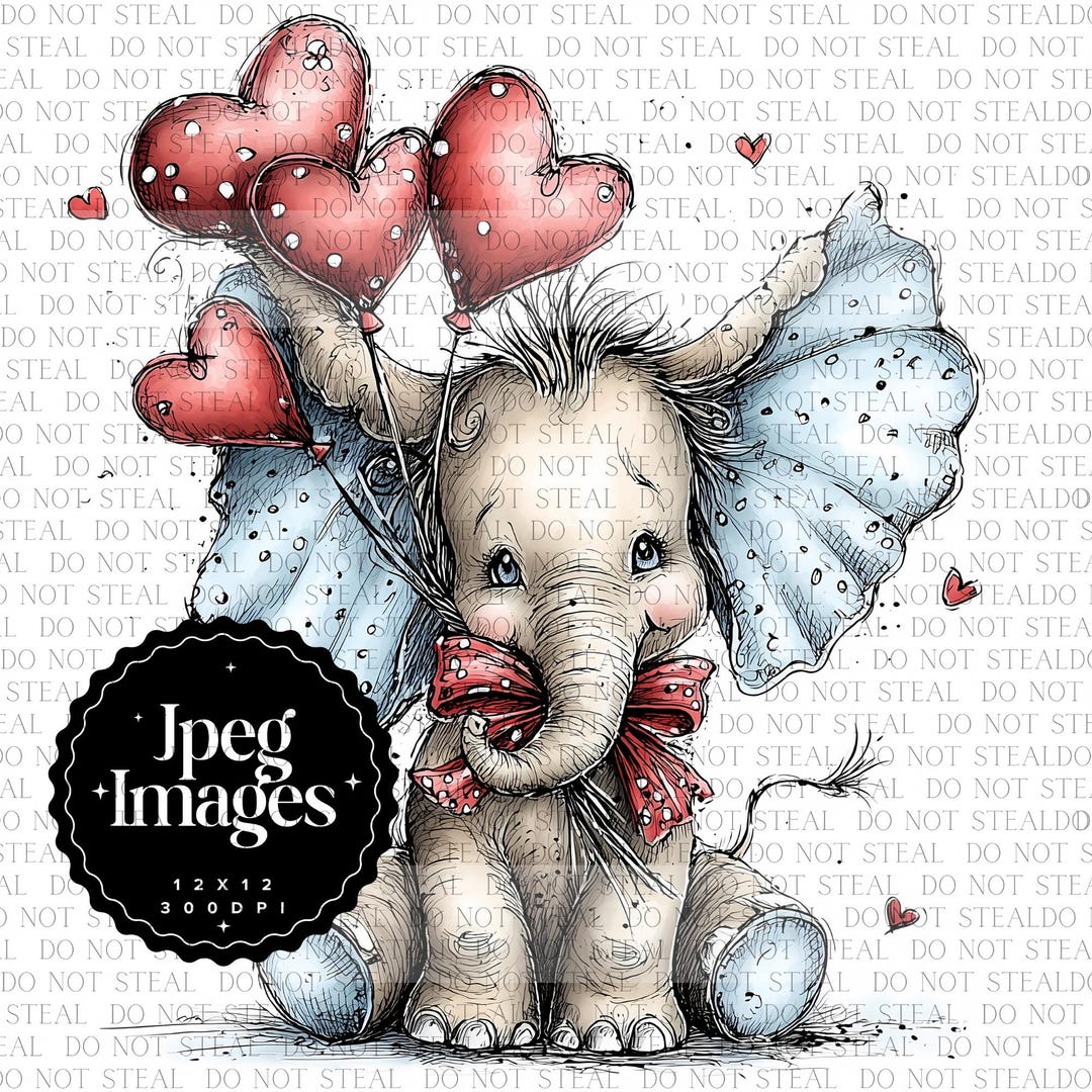 Watercolor Elephant Clipart JPG, Valentine Elephant With Heart Balloons ...
