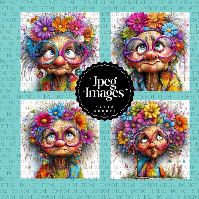 Funny Old Lady Clip Art Bundle - Hippie Grandma and Flowers Digital ...