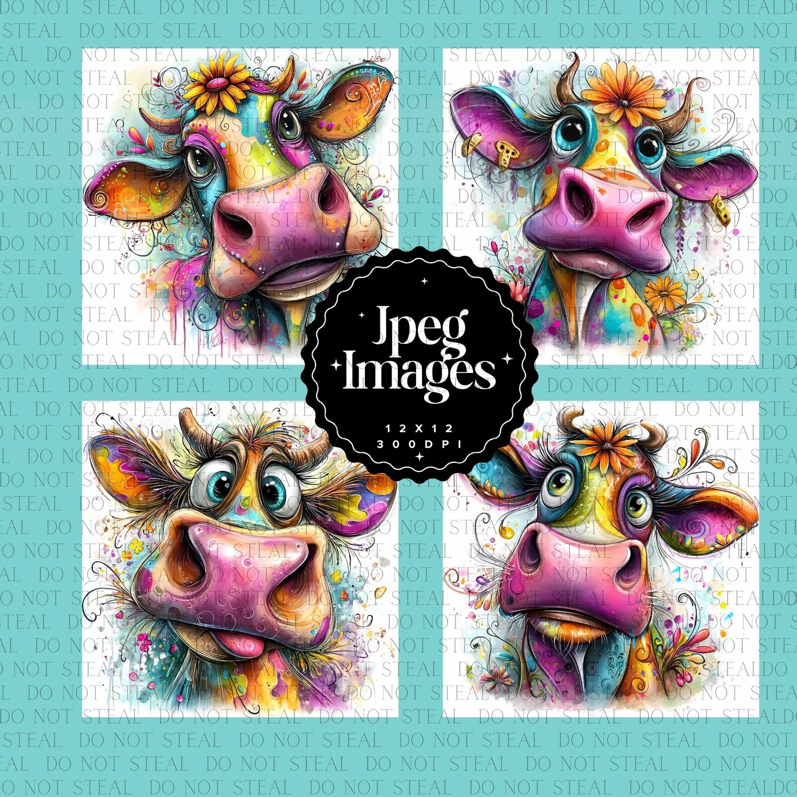 Whimsical Rainbow Cow Clipart Bundle | Cute Boho Quirky Farm Cow Art ...