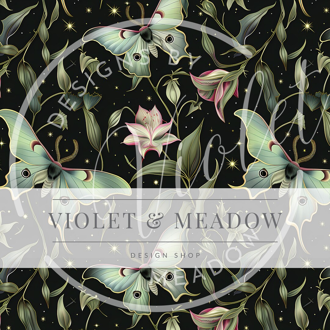 Celestial Lunar Moths and Flowers Seamless File | Purple Floral Skull ...