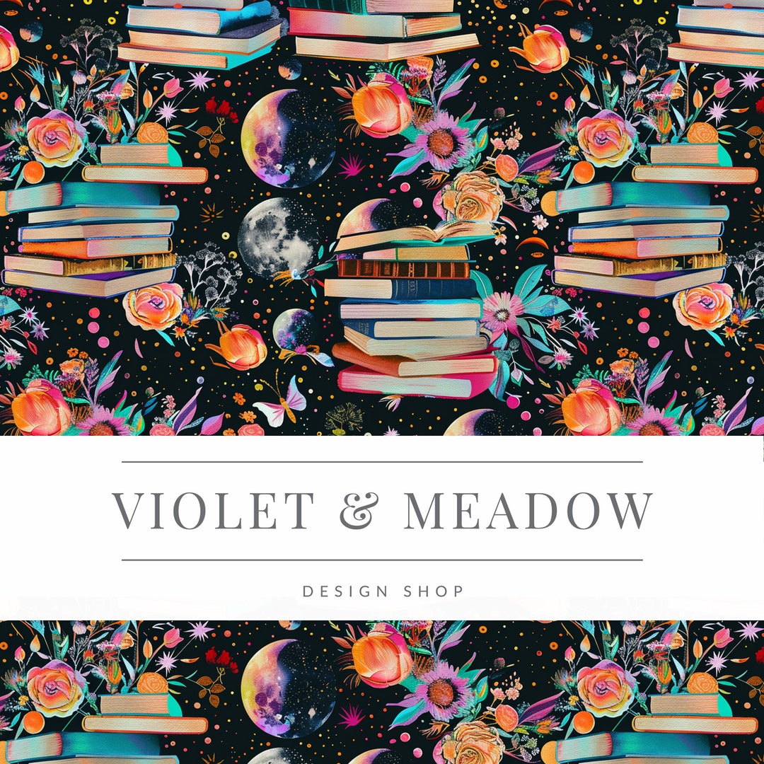 Celestial Books & Floral Seamless Pattern | Vibrant Stacked Books ...