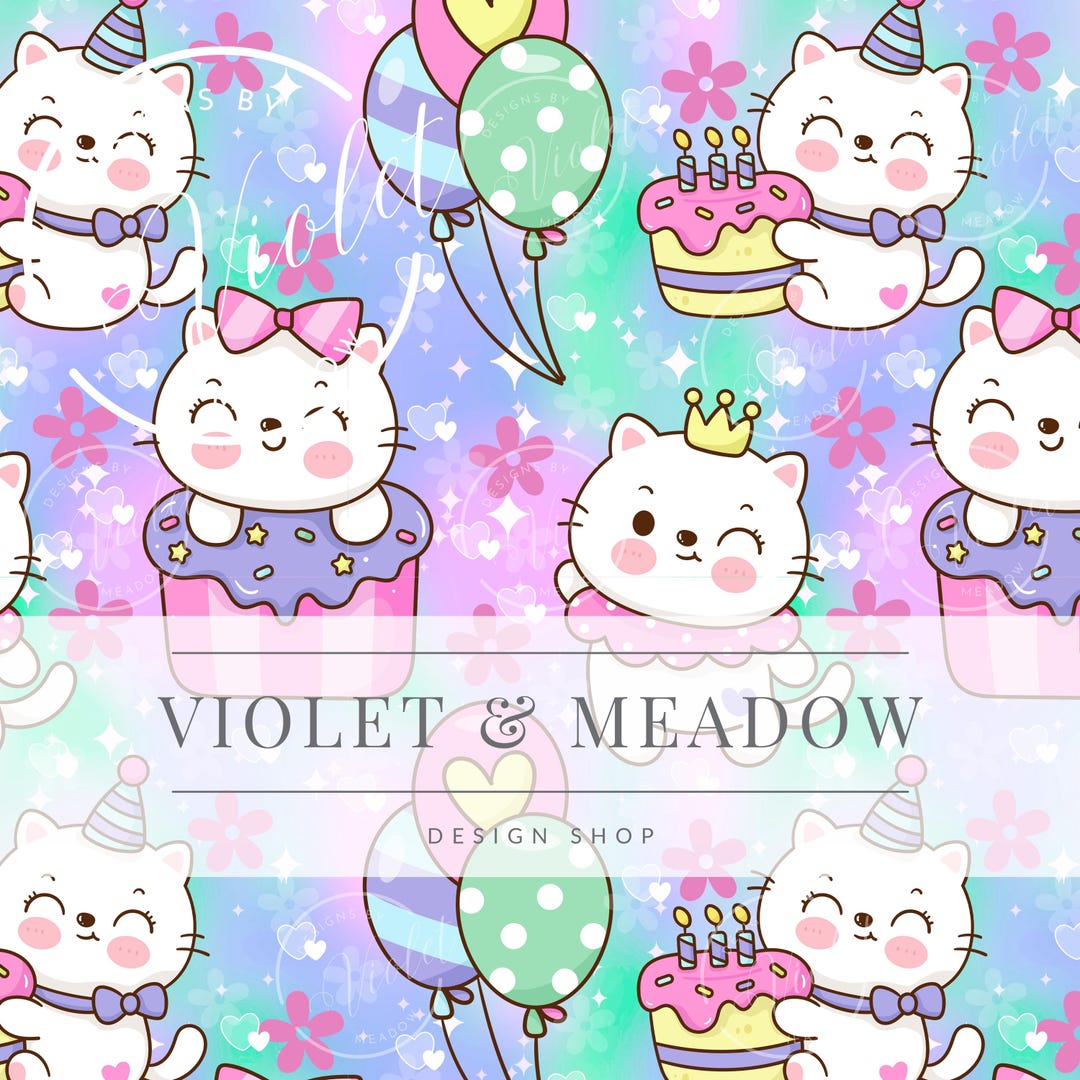 Seamless Birthday Cat Pattern Spring Flowers | Cute Seamless Repeat ...