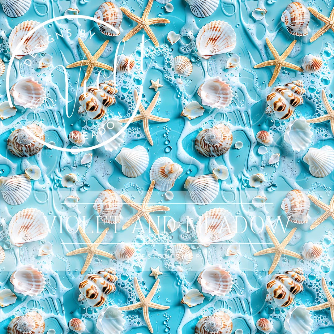 Seashells & Starfish Seamless Pattern | Coastal Beach Aqua Blue ...
