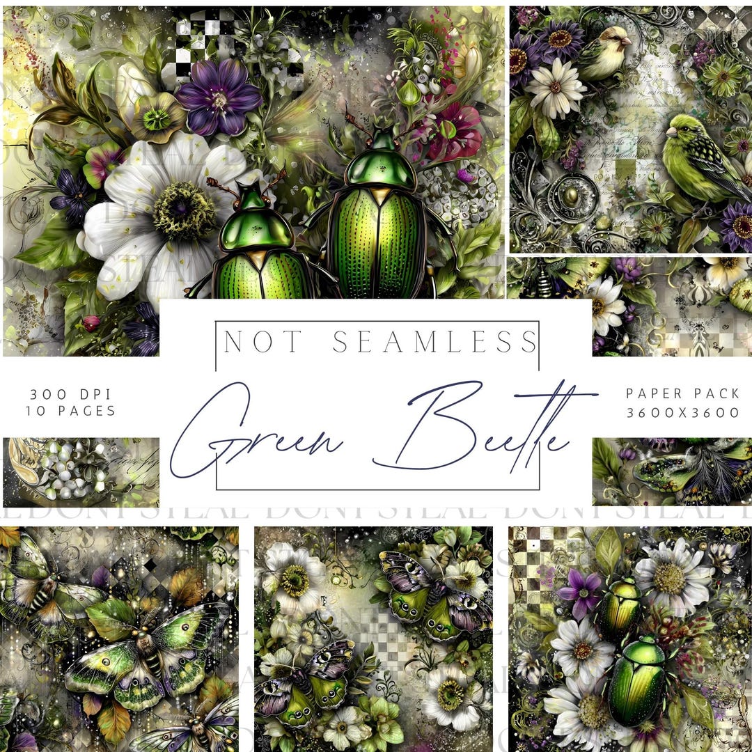 Bird and Floral Paper Pack | Green Beetle and Moth Digital Paper ...