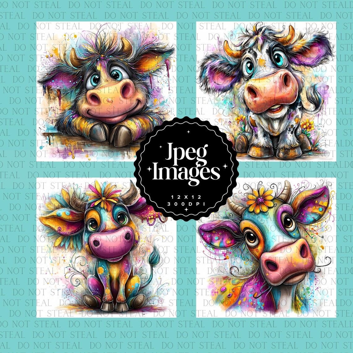 Whimsical Rainbow Cow Clipart Bundle | Cute Boho Quirky Farm Cow Art ...