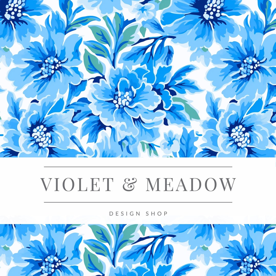 Preppy, Neon Electric Bright Blue, Spring Flowers Watercolor Seamless ...