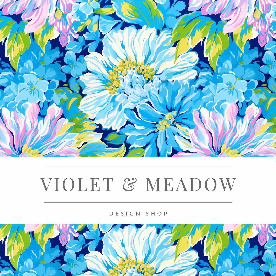 Preppy, Neon Bright Blue, Spring Flowers Watercolor Seamless Pattern ...