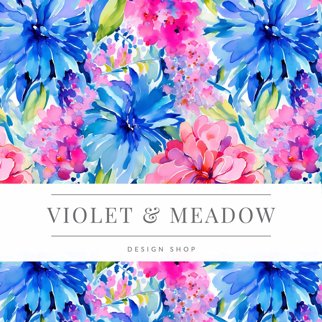 Preppy, Neon Bright Blue, Spring Flowers Watercolor Seamless Pattern ...