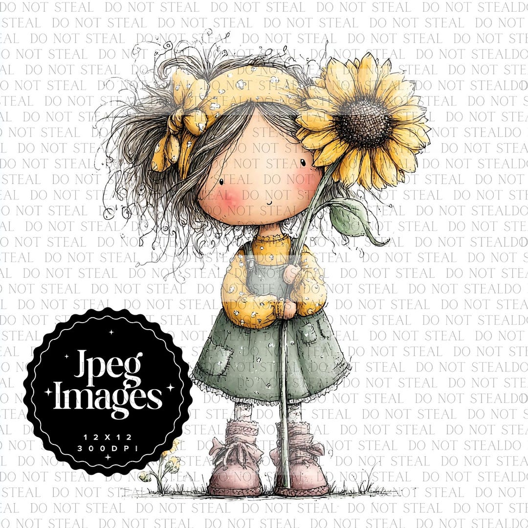 Watercolor Sunflower Girl Illustration JPEG, Cute Floral Child Art ...