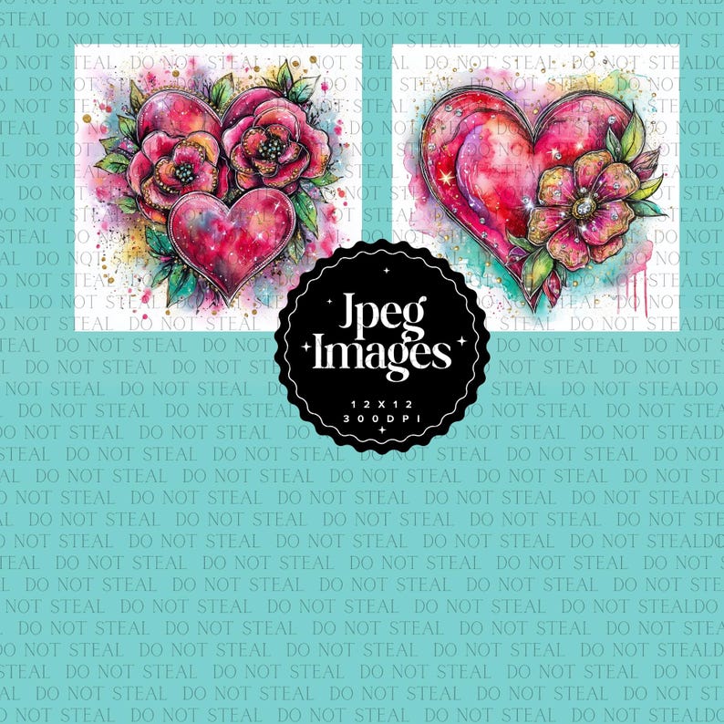 Quirky Preppy Valentine Hearts JPEG Bundle : 10 Watercolor Jpgs, Junk ...