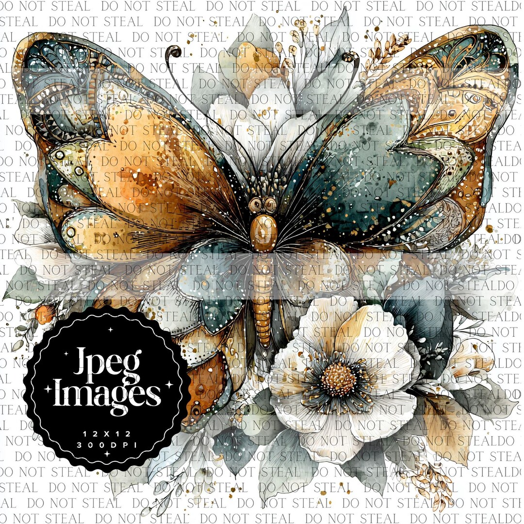 10 Butterfly and Flowers Clipart: Whimsical Boho JPG Images (commercial ...