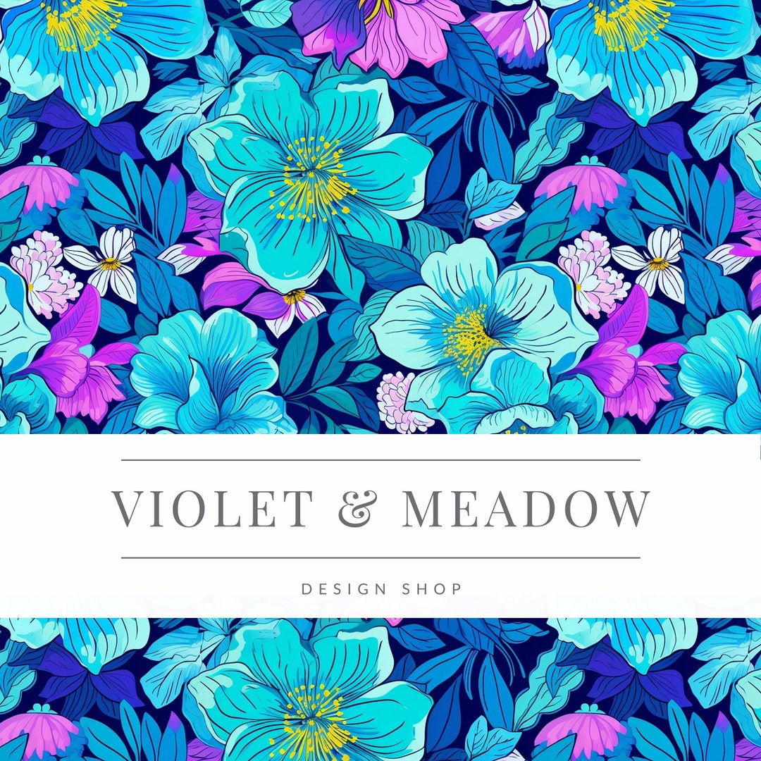 Preppy, Neon Electric Bright Blue, Spring Flowers Watercolor Seamless ...