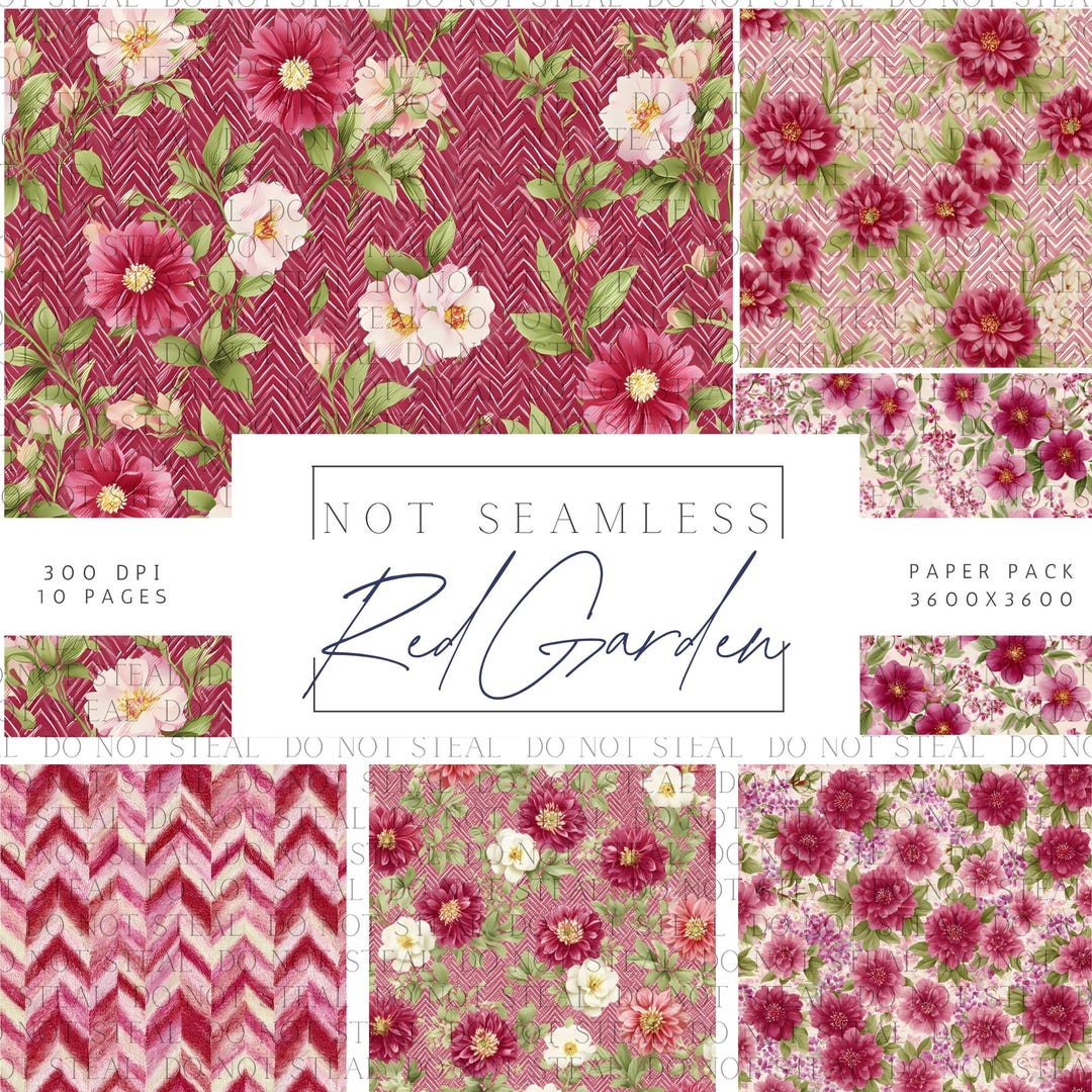 Floral Paper Pack, Pink Red Flowers, Cottagecore Gingham (digital ...