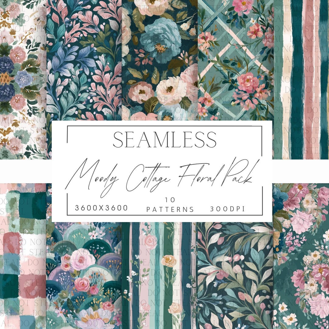 Moody Floral Paper Pack | Teal Botanical Seamless Pattern | Vintage ...