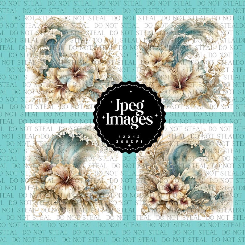 10 JPEG Waves Clipart – Coastal Watercolor Ocean Flowers and Waves JPEG ...