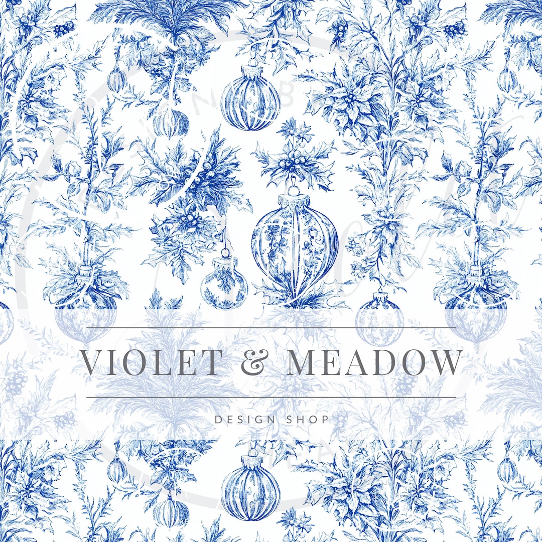 Christmas Toile Seamless Pattern, Blue & White Holiday Fabric Print ...