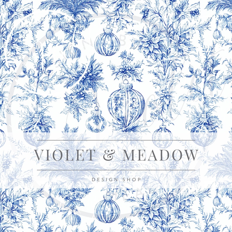 Christmas Toile Seamless Pattern, Blue & White Holiday Fabric Print ...