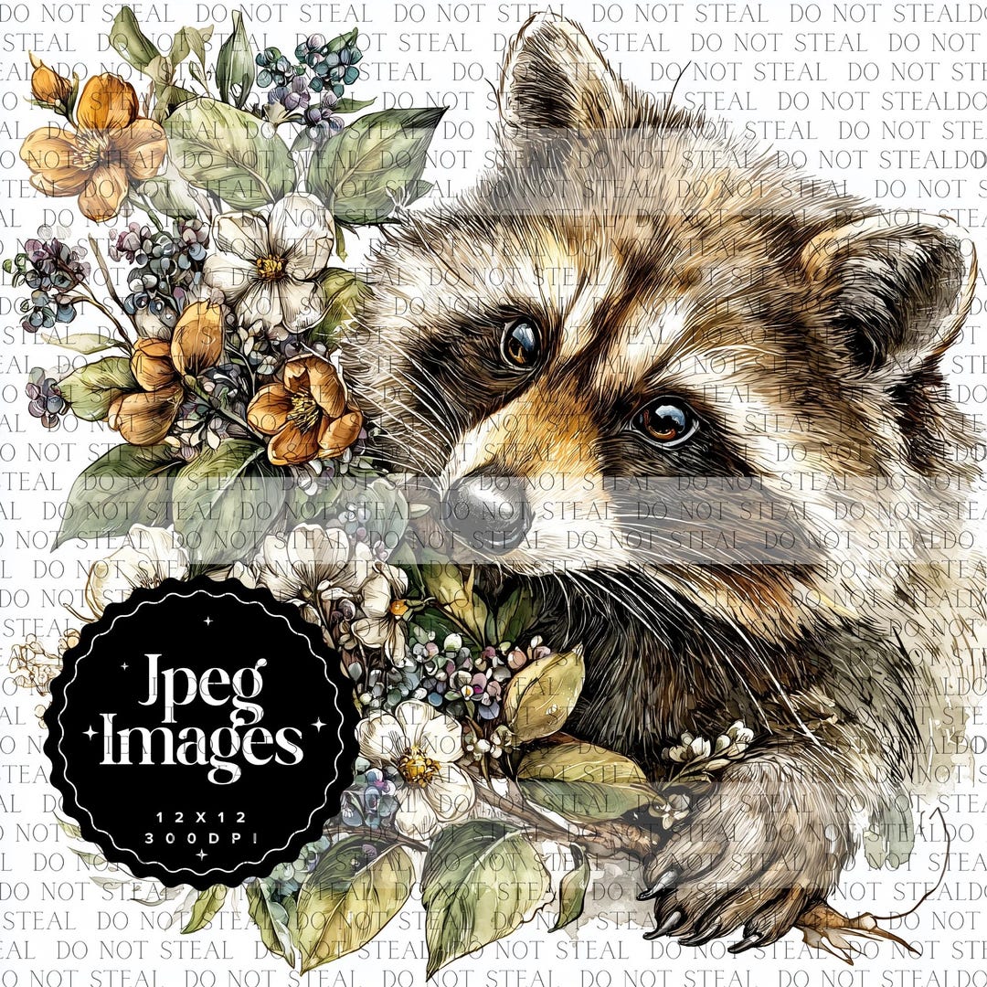 Woodland Raccoon Clipart JPEG | Floral Forest Animal Illustration ...