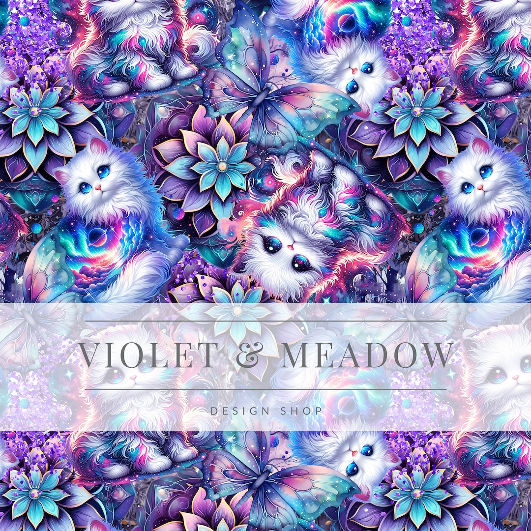 Seamless Purple Galaxy Cats Pattern Rainbow Butterflies | Cute Seamless ...