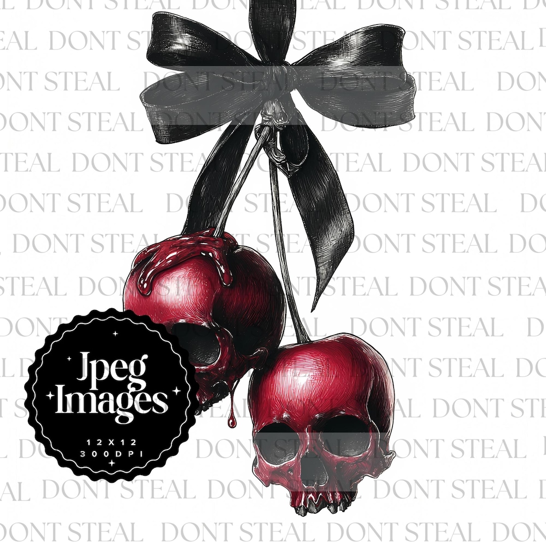 10 Gothic Cherry Skulls Clipart, Dark Coquette JPEG, Black Bow ...