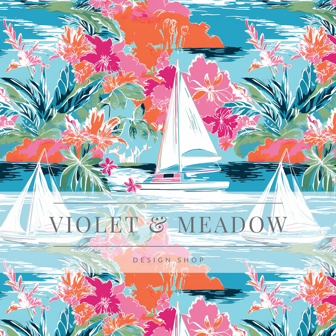 Preppy Sail Boat Summer Watercolor Seamless Pattern, Preppy Floral ...