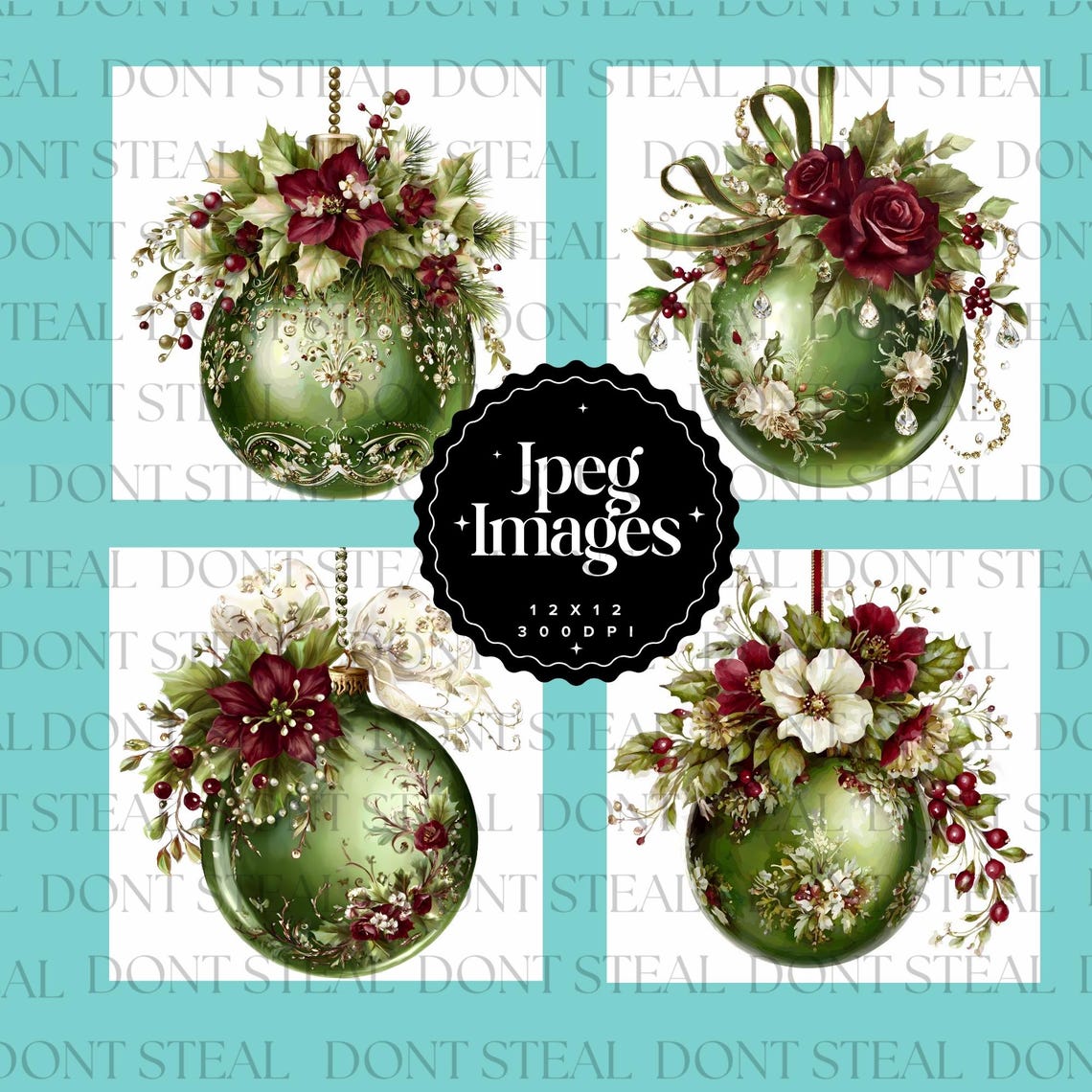 Green Christmas Clipart Bundle: Watercolor Christmas Graphics - Floral ...
