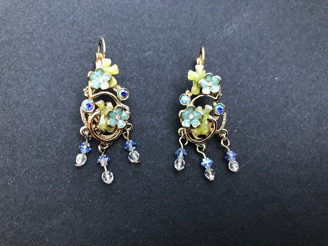 Vintage Signed Kirks Folly Blue and Green Enamel Floral Drop Earrings ...