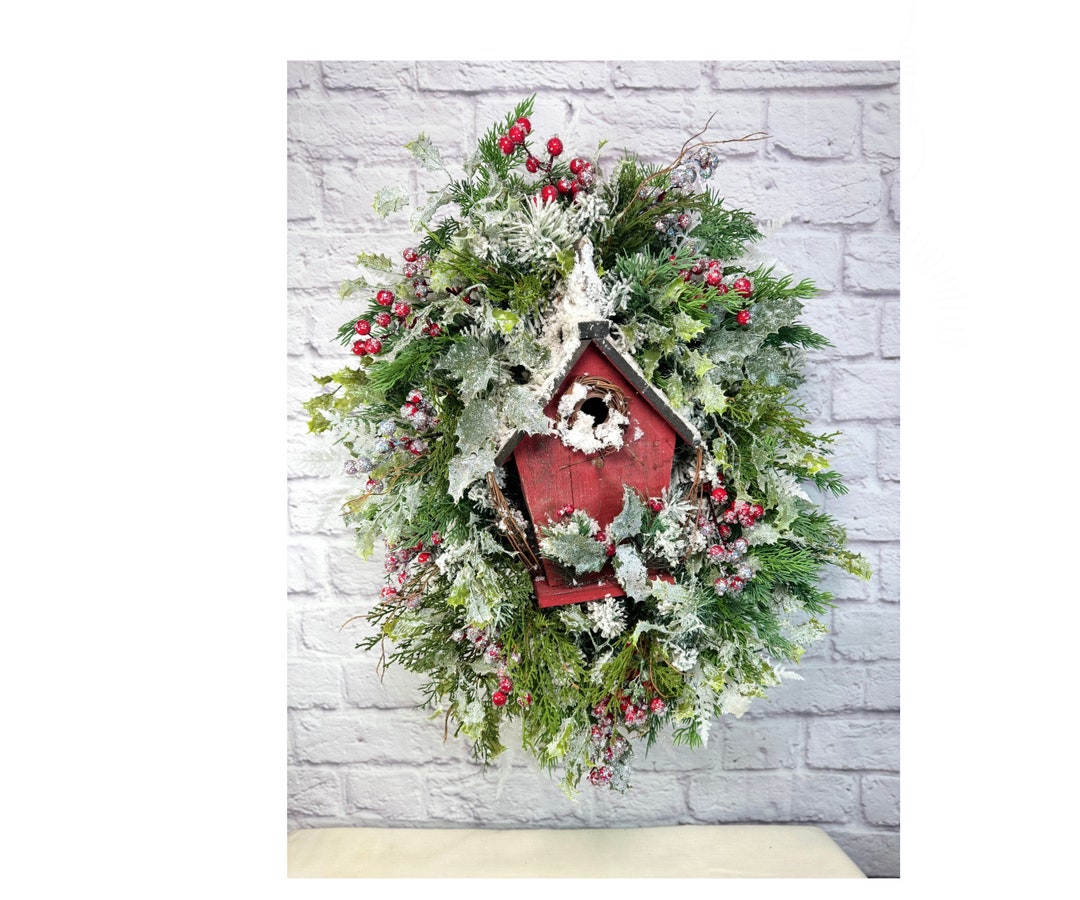 Rustic Winter Flocked Bird House Wreath, Handcrafted Bird Housewreath ...