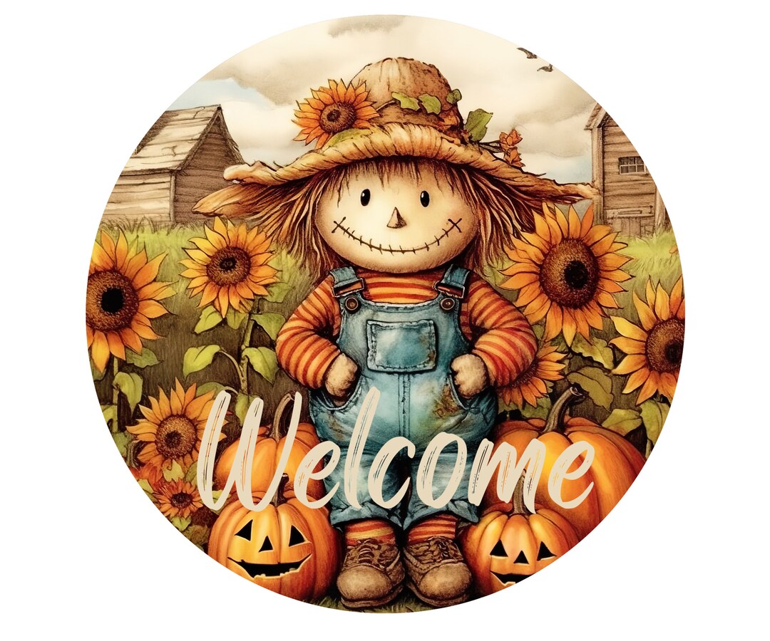 Autumn Scarecrow Welcome Wreath Sign, Metal Autumn Scarecrow Sign ...