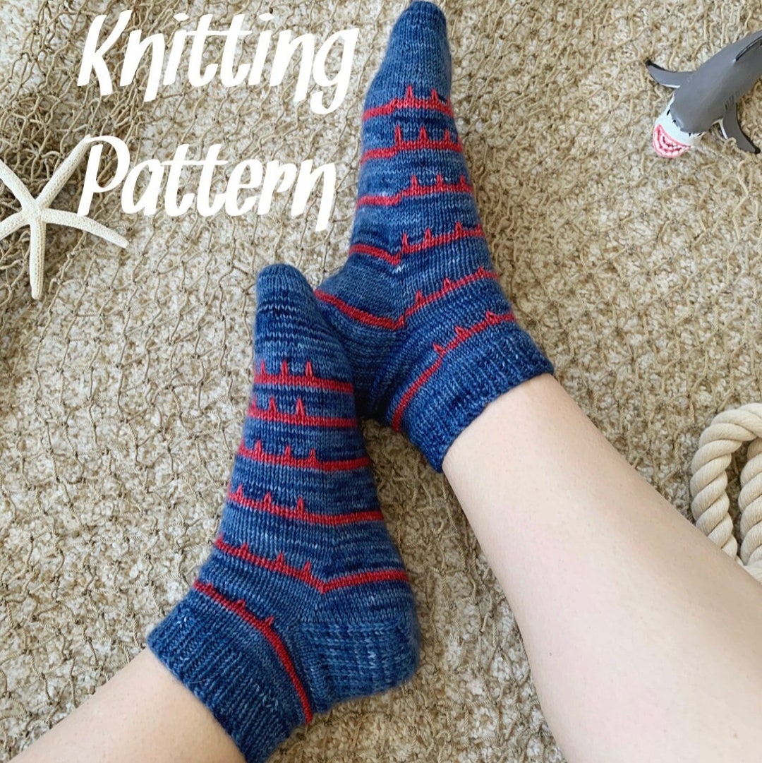 Toe up Knit Sock Pattern//shark Bite Socks//colorwork Knit Sock//adult ...