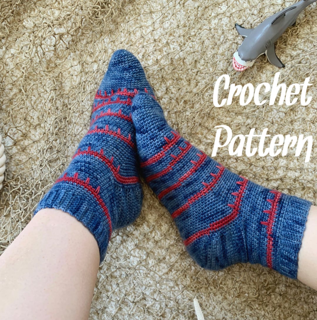 Toe up Crochet Sock Pattern//shark Bite Socks//colorwork Crochet Sock ...