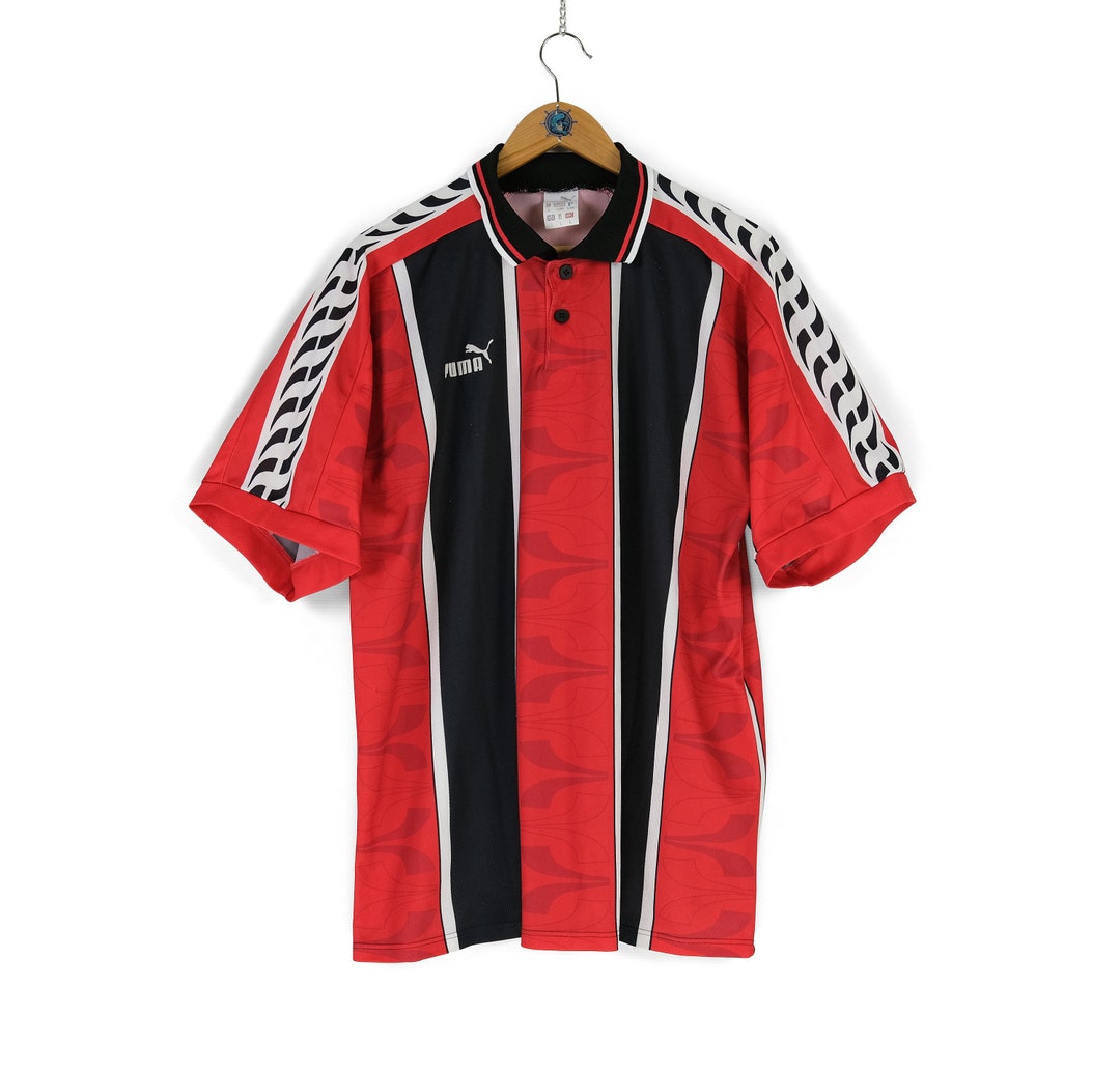 90s Rare Vintage Men's PUMA Red Black Striped Soccer Jersey Size L ...