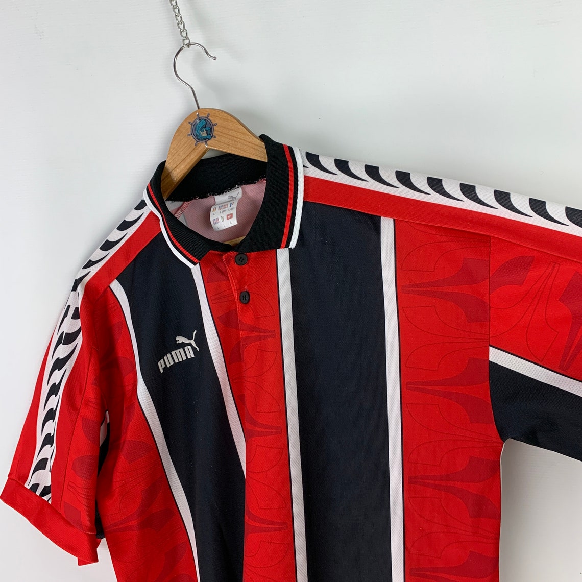 90s Rare Vintage Men's PUMA Red Black Striped Soccer Jersey Size L ...