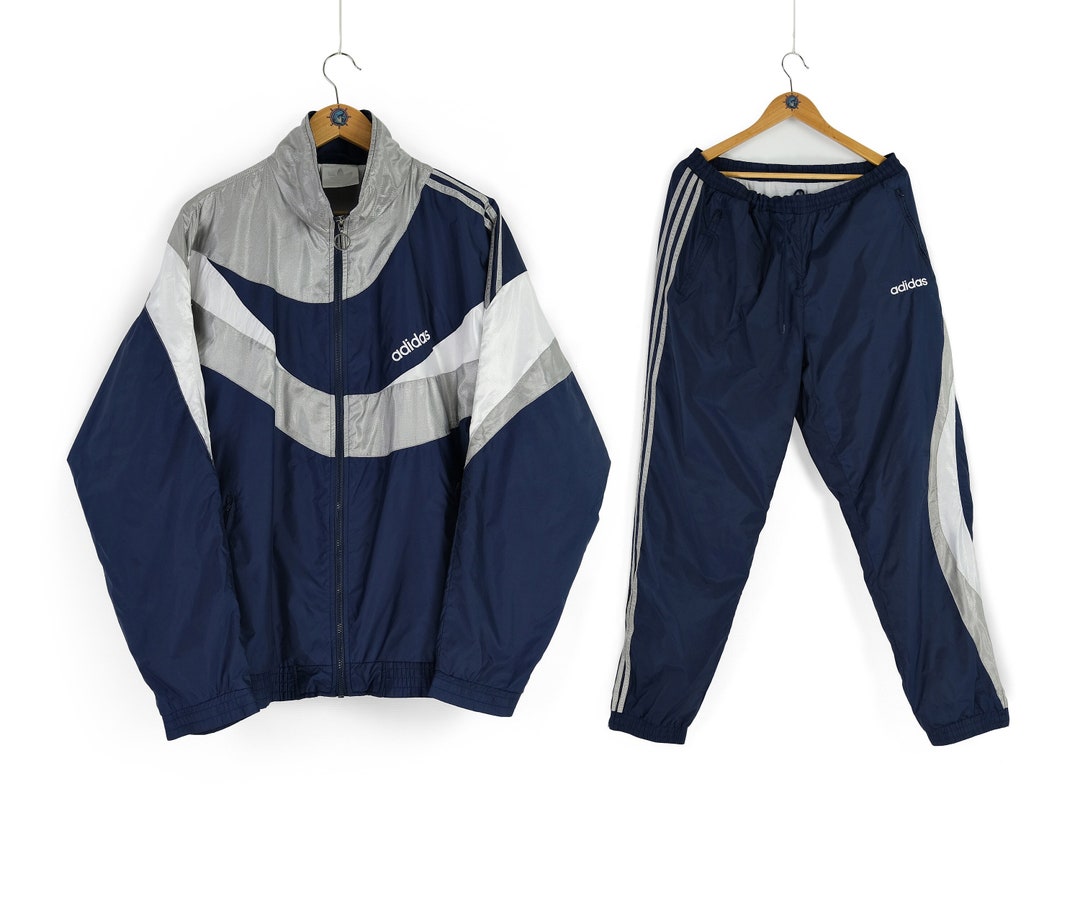 90s Rare Vintage Men's ADIDAS Silver Blue White Tracksuit Size L Retro ...