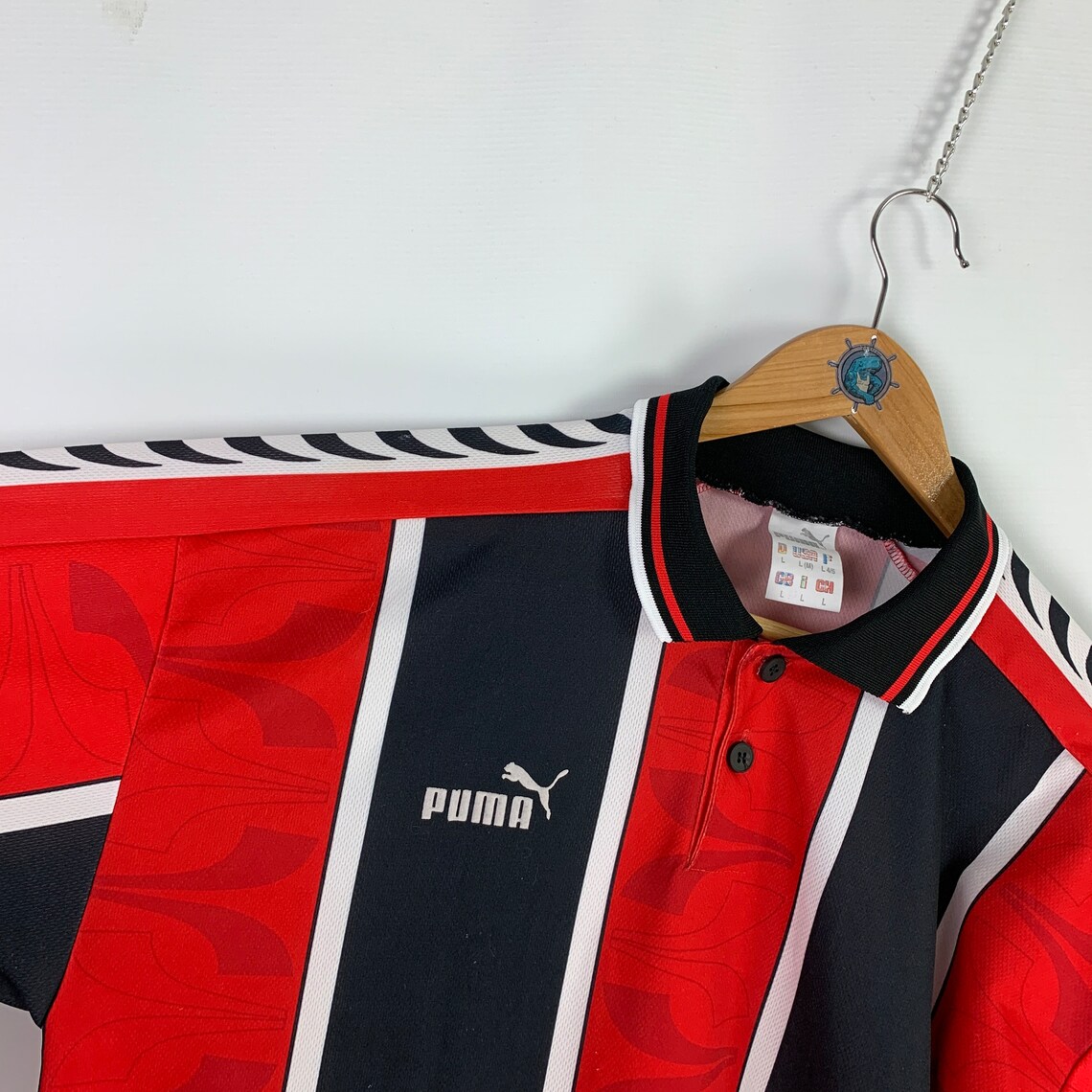 90s Rare Vintage Men's PUMA Red Black Striped Soccer Jersey Size L ...