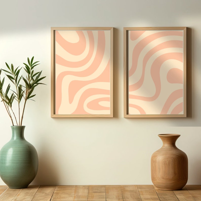 Retro Wavy Digital Prints printable Wall Art pink Trendy Funky Boho ...