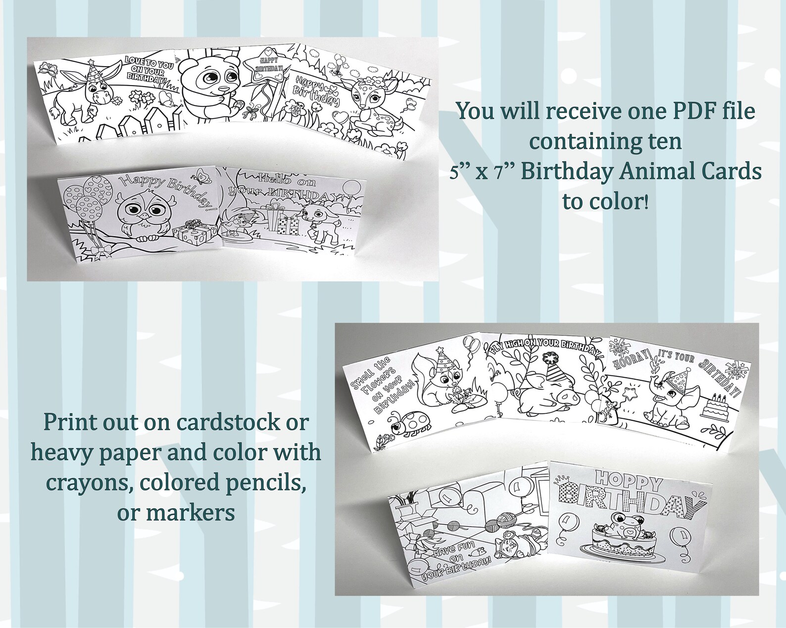 Birthday Printable Cards - 10 Coloring Animal Cards for Kids to Color ...