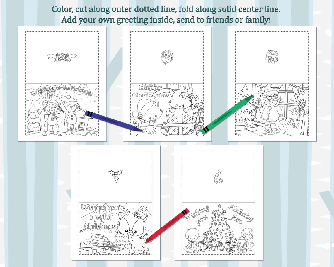 Christmas Coloring Cards- 10 Printable Holiday Cards for Children to ...
