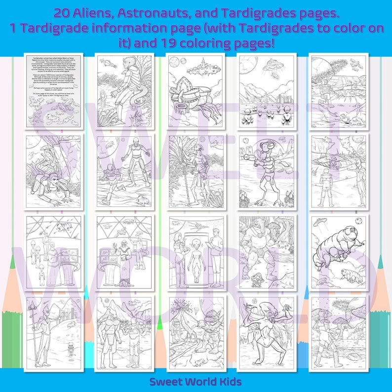 Aliens, Astronauts, and Tardigrades Digital Printable 20 Coloring Pages ...