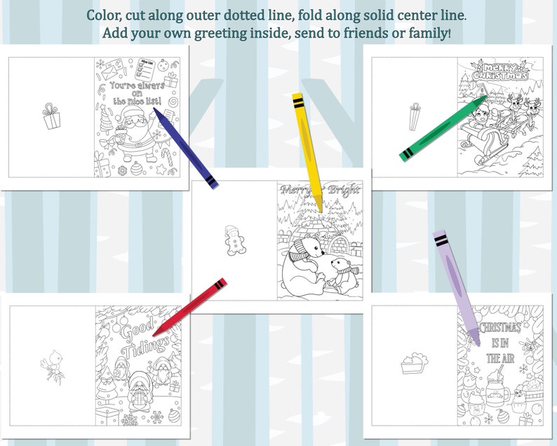 Christmas Coloring Cards- 10 Printable Holiday Cards for Kids to Color ...