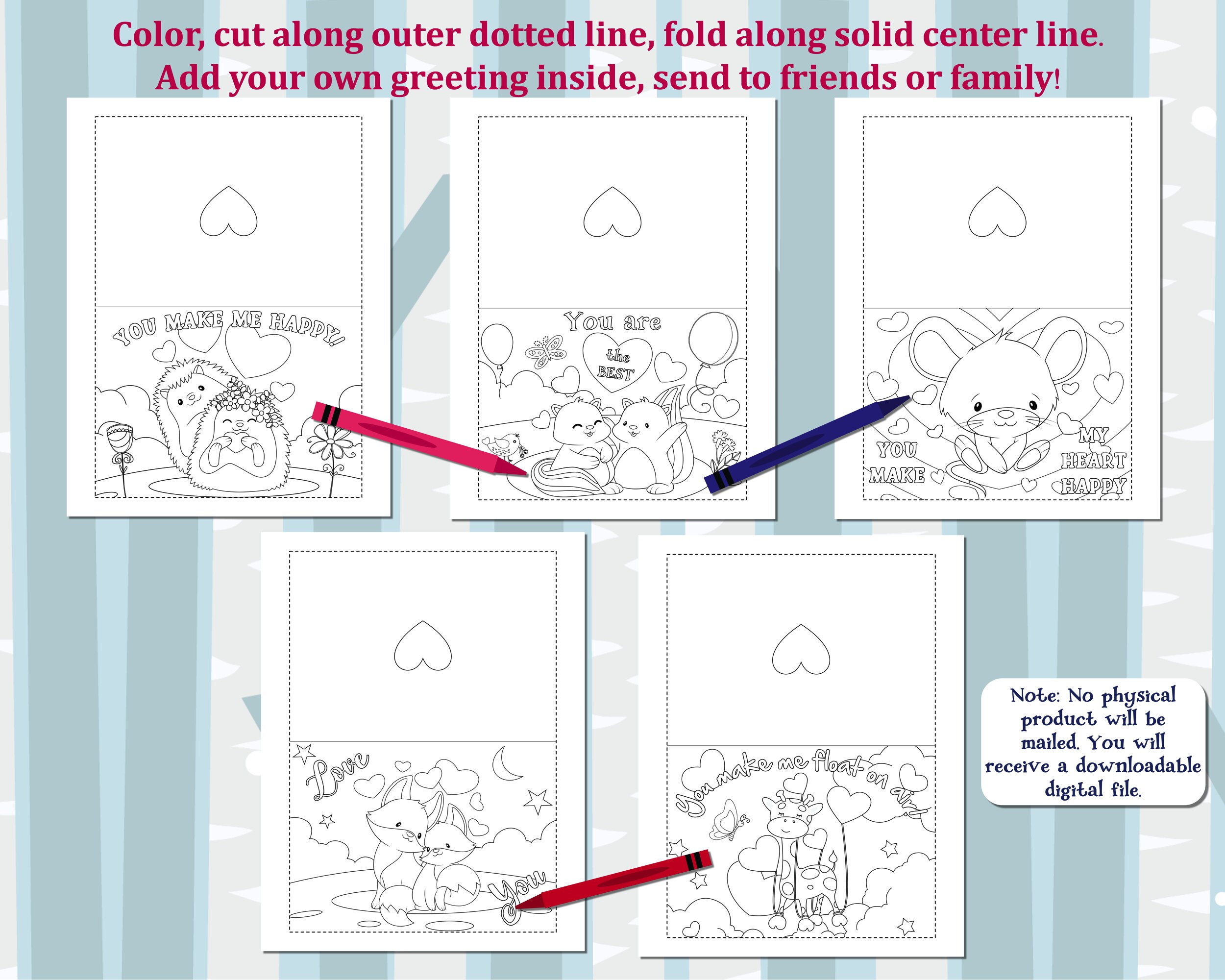 Valentine's Day Coloring Cards- 10 Printable Animal Cards for Kids to ...