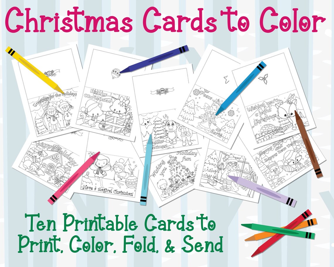 Christmas Coloring Cards- 10 Printable Holiday Cards for Children to ...