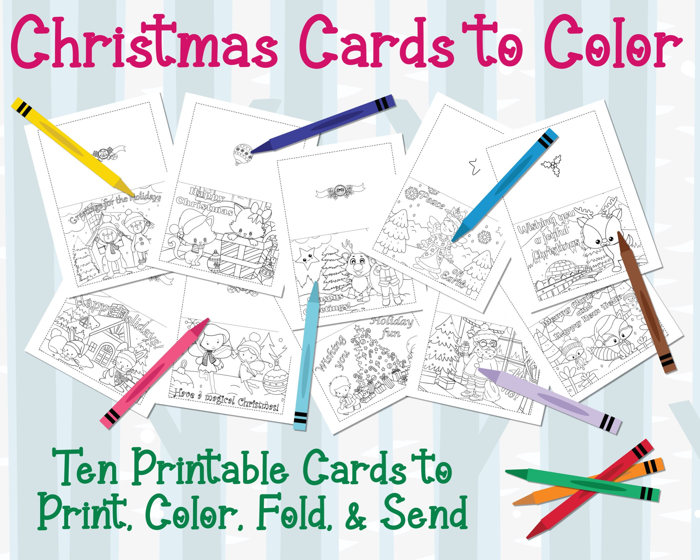 Christmas Coloring Cards- 10 Printable Holiday Cards for Children to ...