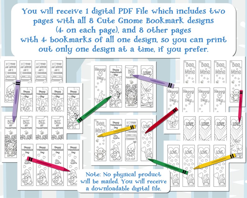 Gnome Valentine's Day Coloring Bookmarks - 8 Designs for Kids to Color ...