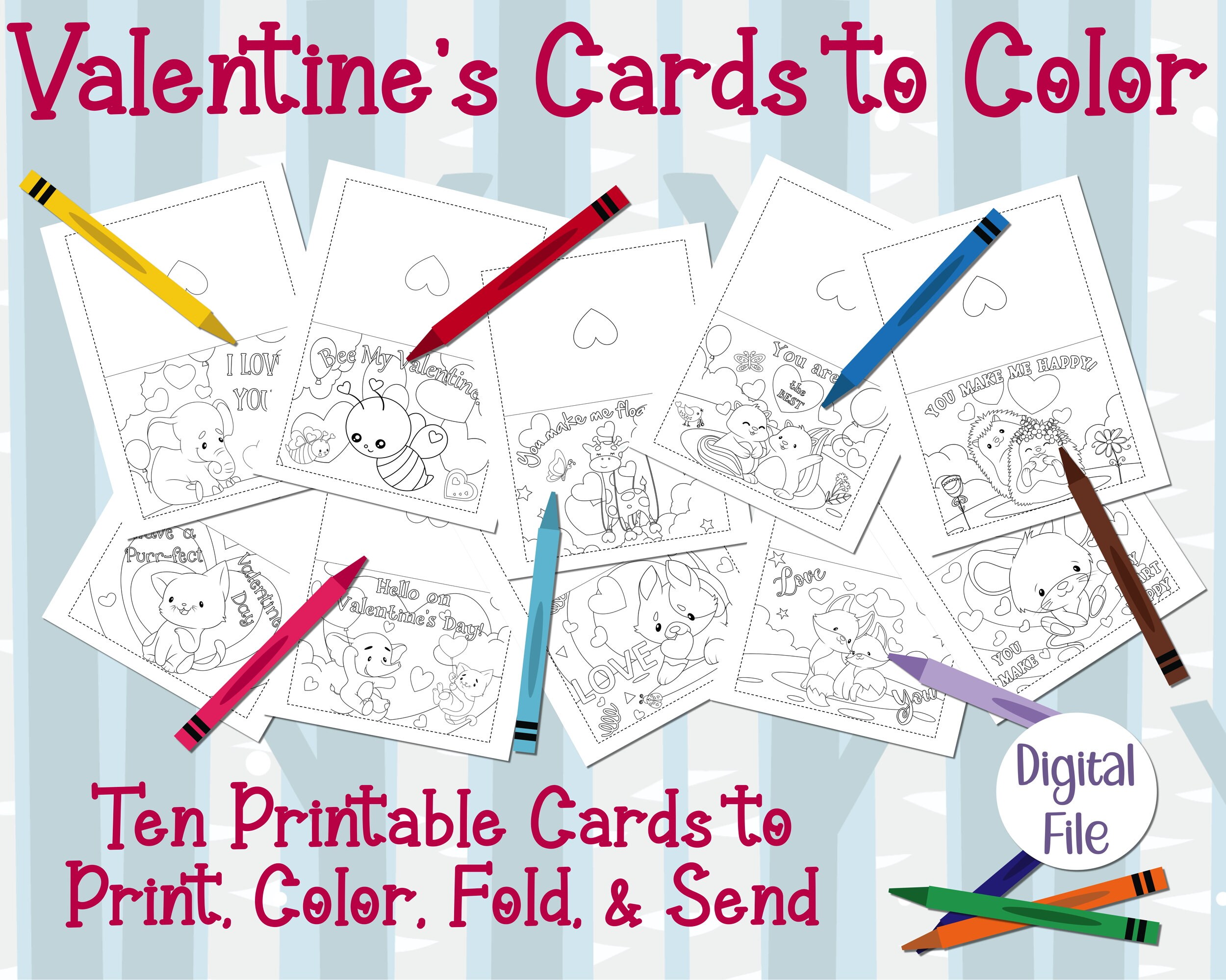 Valentine's Day Coloring Cards- 10 Printable Animal Cards for Kids to ...