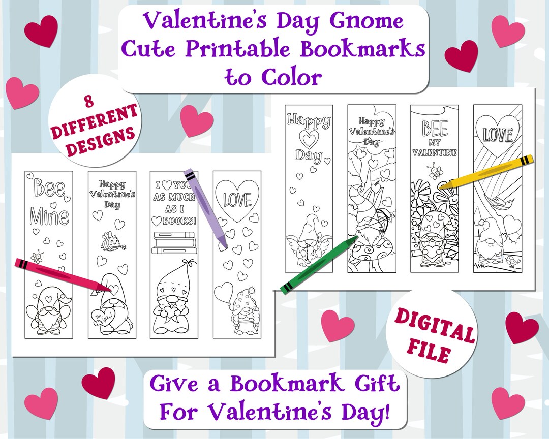 Gnome Valentine's Day Coloring Bookmarks - 8 Designs for Kids to Color ...