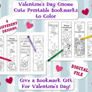 Gnome Valentine's Day Coloring Bookmarks - 8 Designs for Kids to Color ...