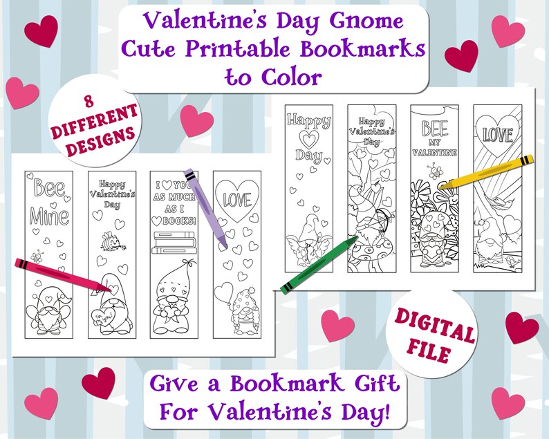 Gnome Valentine's Day Coloring Bookmarks - 8 Designs for Kids to Color ...
